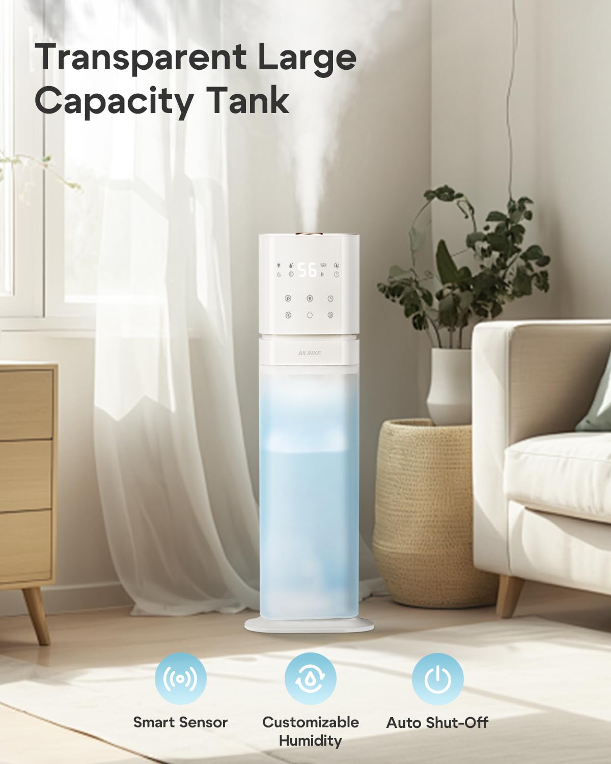 AILINKE Humidifier Large Room, 2.1Gal/8L Humidifiers for Bedroom with Extended Tube, Large Humidifiers 1000 sq.ft. Whole House Cool Mist Humidifier with Night Light, School/Office/Warehouse, White