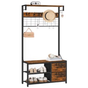 HOOBRO Hall Tree with Bench, 31.5" Coat Rack with Shoe Storage, 2 Fabric Drawers, Entryway Bench with Coat Rack, Coat and Shoe Rack for Entryway, 9 S-Shaped Hooks, Rustic Brown and Black BF08MT01