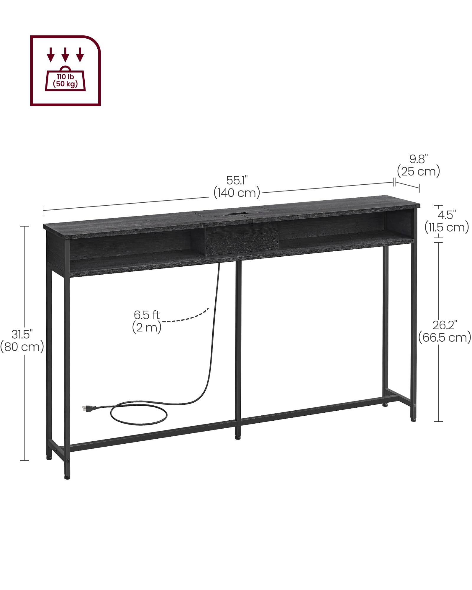 VASAGLE 55.1-Inch Console Table with Outlet and Shelves, Sofa Table with Charging Station, Behind Couch Table Skinny, Entryway Table for Hallway, Living Room, Charcoal Gray and Ink Black ULNT120B22