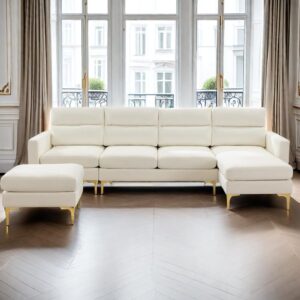 glasflength sectional couches for living room - u shaped sectional comfy sectional couches, 4 seat sofa sleeper with double chaise for small & large spaces, modern home sofa set, white