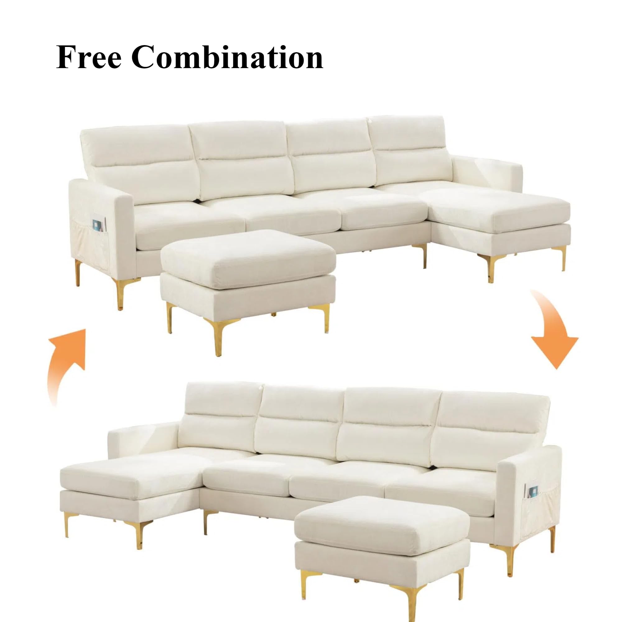 GlasFlength Sectional Couches for Living Room - U Shaped Sectional Comfy Sectional Couches, 4 Seat Sofa Sleeper with Double Chaise for Small & Large Spaces, Modern Home Sofa Set, White