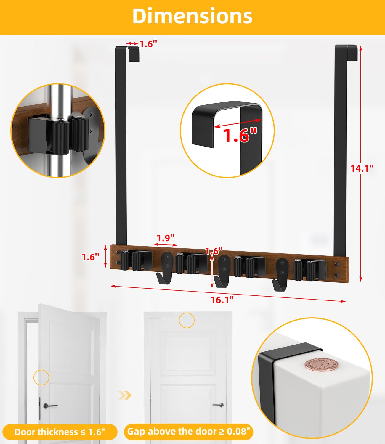 Broom Holder Over The Door - Wood Mop and Broom Holder Wall Mounted or Hanging Over The Door with Hooks - Broom Hanger, Broom Storage Tool Organizer with 4 Racks and 3 Hooks for Garage Closet Laundry