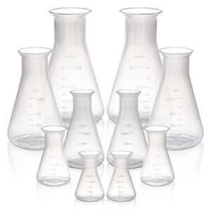 covzoe 10 pack plastic erlenmeyer flask, clear scientific conical flask for students experiment, laboratory chemical erlenmey education learning tool, 50ml, 100ml, 250ml, 500ml, 1000ml