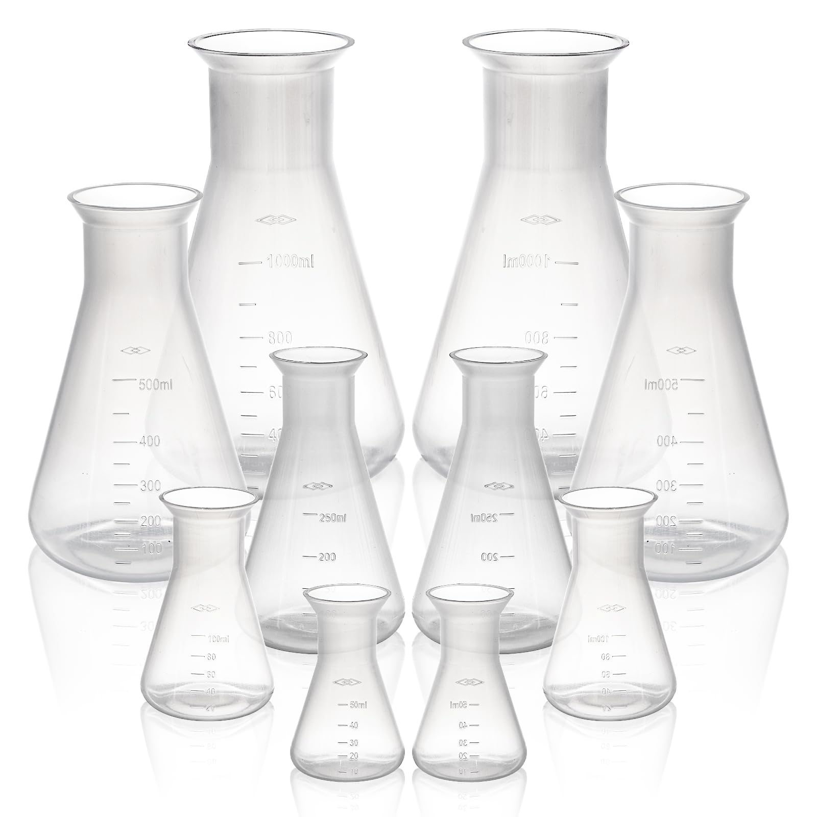 Covzoe 10 Pack Plastic Erlenmeyer Flask, Clear Scientific Conical Flask for Students Experiment, Laboratory Chemical Erlenmey Education Learning Tool, 50ml, 100ml, 250ml, 500ml, 1000ml