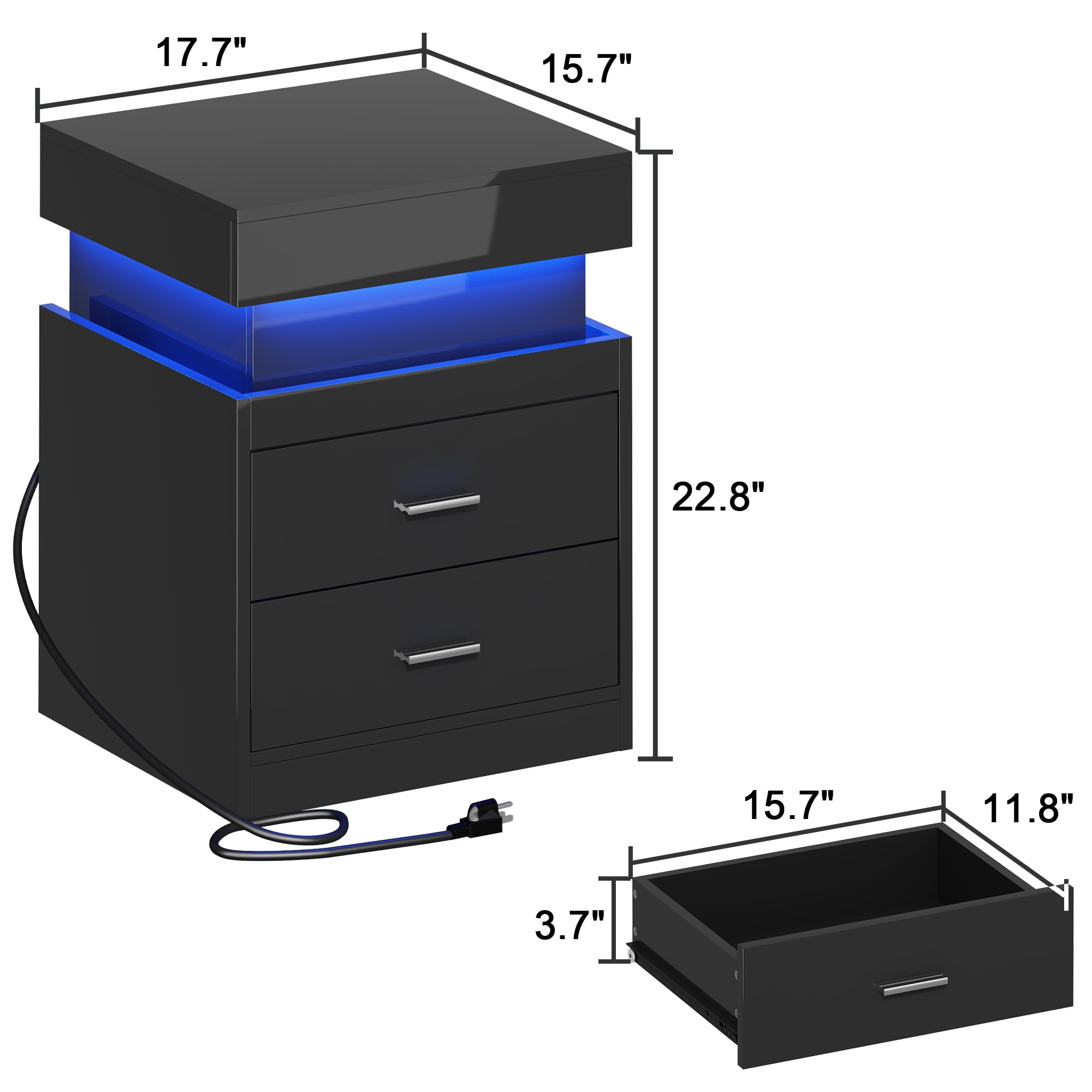 ChooChoo LED Nightstand Set of 2,Smart Night Standwith Charging Station and Sliding Top Storage, Black