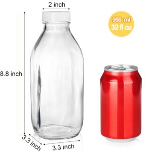 Bekith 6 Pack Liter Glass Milk Bottles with Airtight Screw Lid, 32 Oz Glass Juice Bottles, Reusable Glass Beverage Drinking Jar Juice Container for Milk, Honey, Jam (Extra 6 Lid with Silicone Gasket)