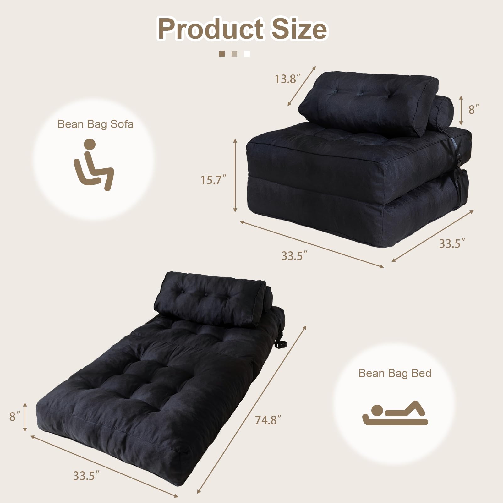 YOSHOOT Folding Couch Sofa Bed, Convertible Sleeper Chairs with Back Support, Foldable Couch Futon Mattress with Pillow, Portable Fold Out Chair Bed Floor Mattress Floor Couch for Living Room