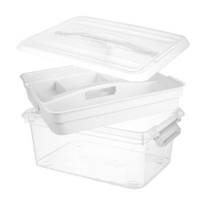 chfeirno 20 qt plastic storage box with removable tray,portable craft organizers and storage bins with lid,clear art storage container for organizing sewing,crayon,tool,playdoh (white)