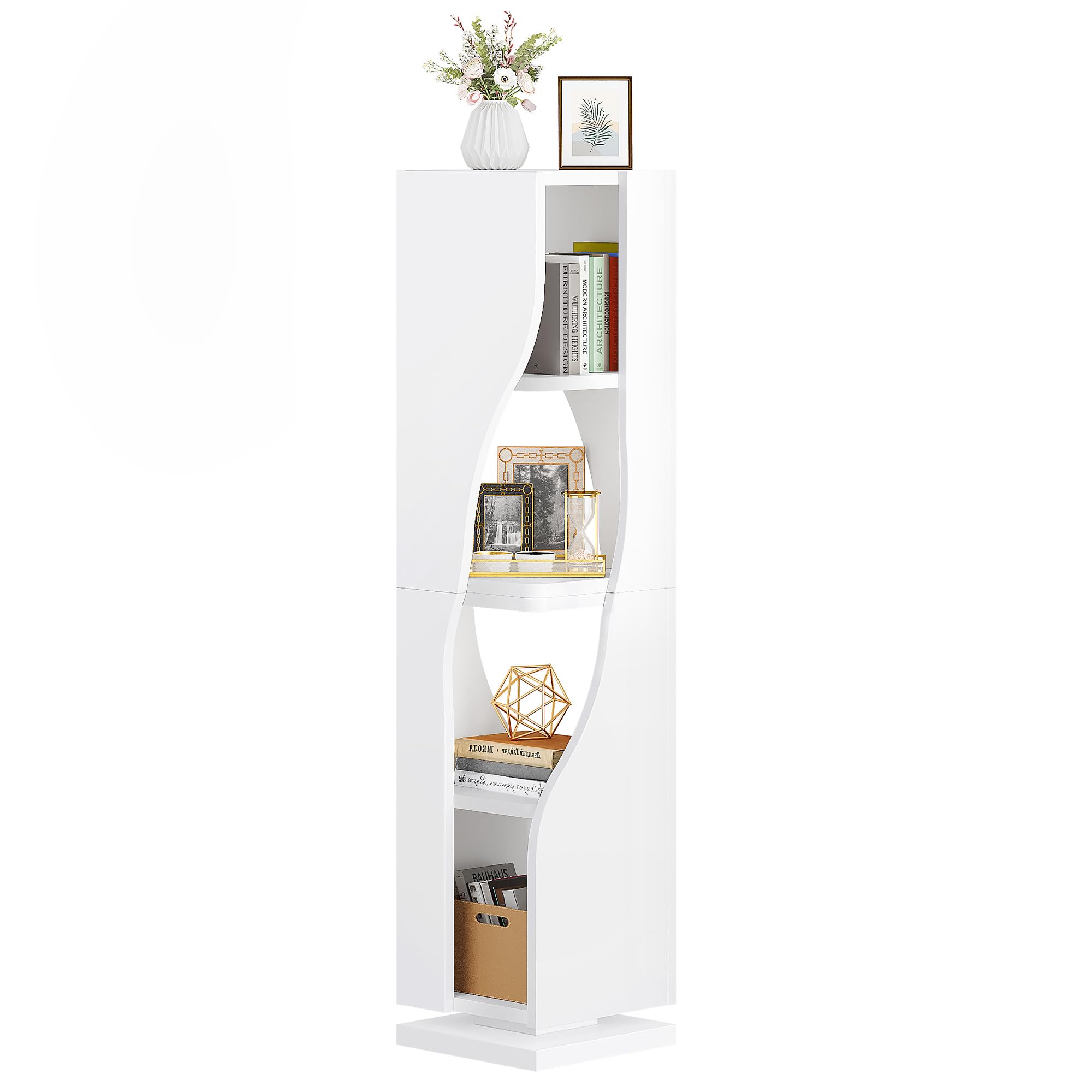 YITAHOME Bookcase Corner Bookshelf, Small 4-Tier Rotating Bookshelf, 360 Display Bookcase Spinning Tower Narrow Shelf Organizer Storage Showcase Cabinet for Living Room, Study Room, White