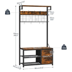 HOOBRO Hall Tree with Bench, 31.5" Coat Rack with Shoe Storage, 2 Fabric Drawers, Entryway Bench with Coat Rack, Coat and Shoe Rack for Entryway, 9 S-Shaped Hooks, Rustic Brown and Black BF08MT01