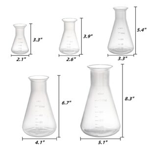 Covzoe 10 Pack Plastic Erlenmeyer Flask, Clear Scientific Conical Flask for Students Experiment, Laboratory Chemical Erlenmey Education Learning Tool, 50ml, 100ml, 250ml, 500ml, 1000ml