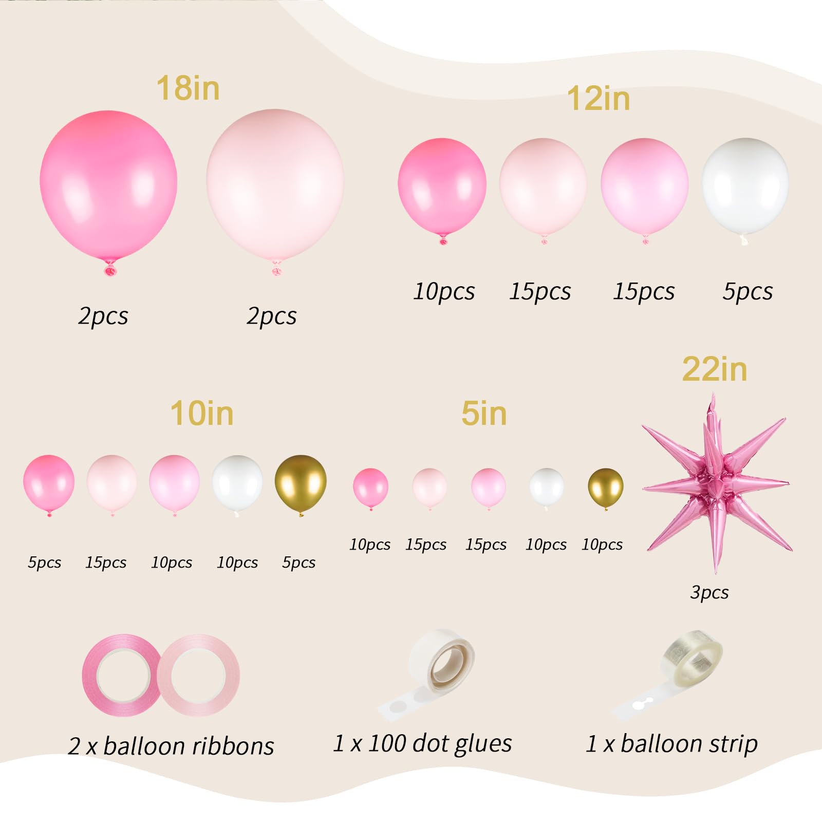 161pcs Pink Balloons Arch Kit, Pastel Macaron Pink and Gold White Balloons With 3pcs Starburst Foil Balloons for Birthday Baby Shower Bridal Shower Wedding Valentine’s Party Decorations