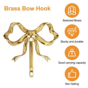 MOROBOR Brass Bow Hooks, 2PCS Home Decorative Hooks Wall Mounted Bow Hooks Modern Key Holder Gold Single Prong Coat Hanger for Home Office Nursery Room Decoration/2.6"