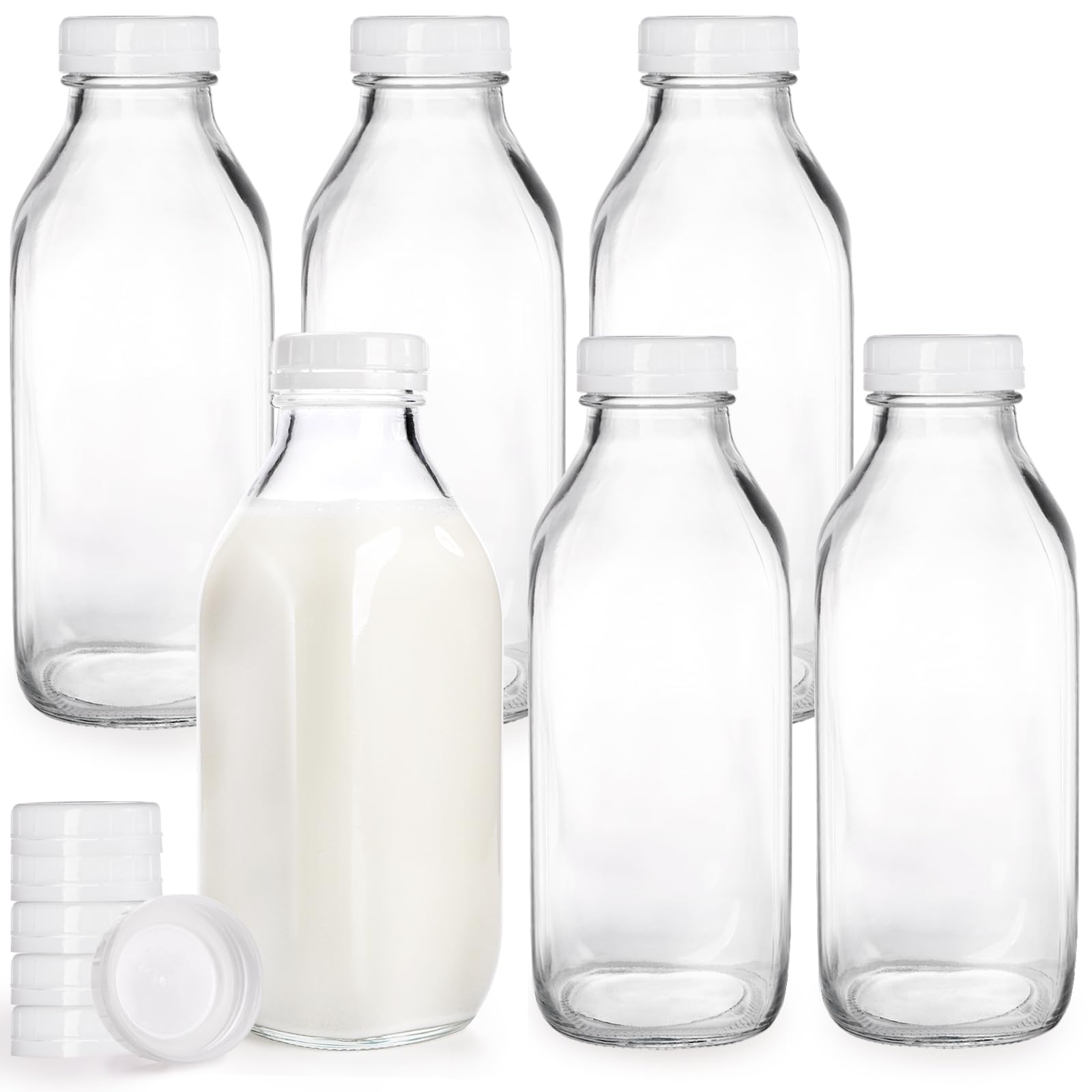 Bekith 6 Pack Liter Glass Milk Bottles with Airtight Screw Lid, 32 Oz Glass Juice Bottles, Reusable Glass Beverage Drinking Jar Juice Container for Milk, Honey, Jam (Extra 6 Lid with Silicone Gasket)