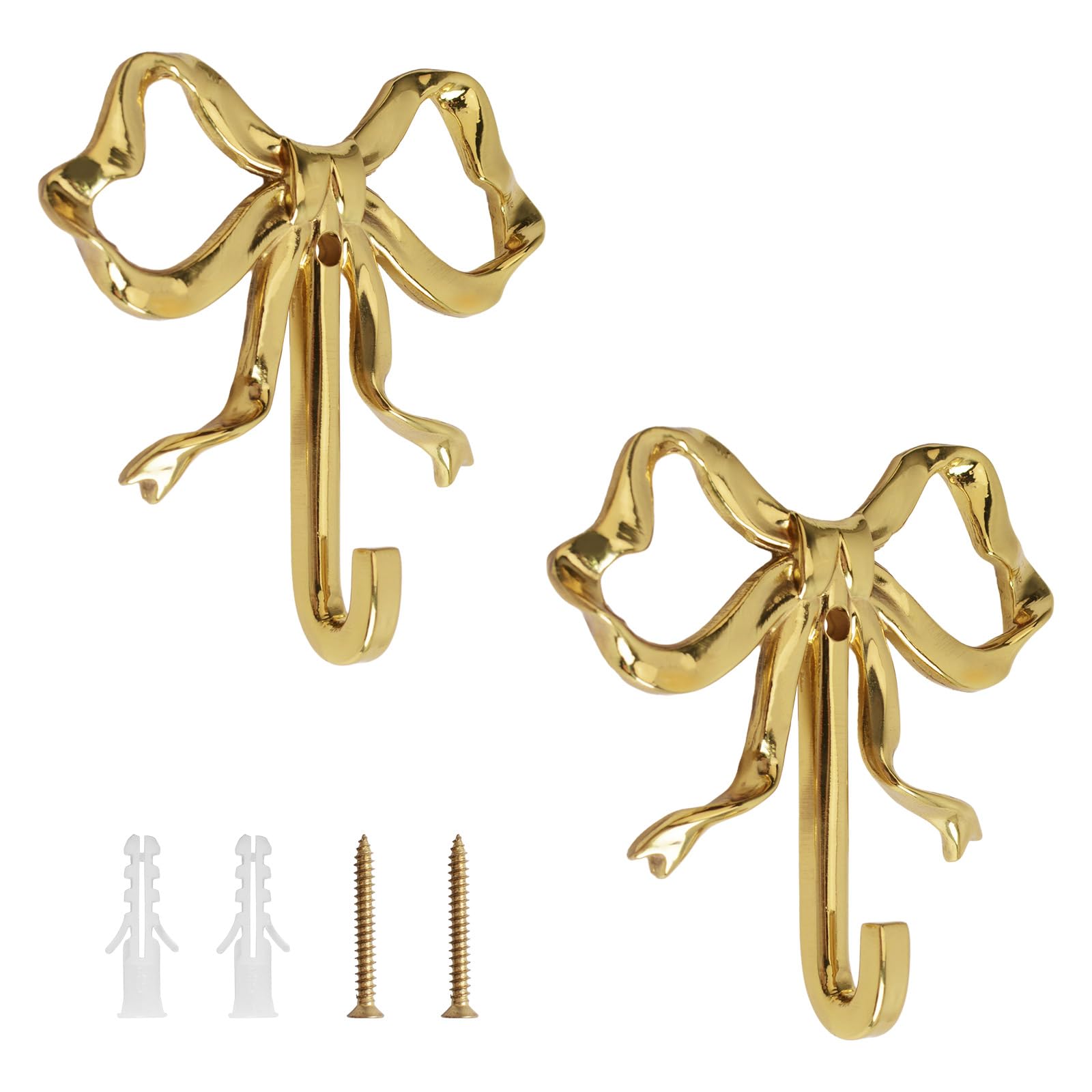 MOROBOR Brass Bow Hooks, 2PCS Home Decorative Hooks Wall Mounted Bow Hooks Modern Key Holder Gold Single Prong Coat Hanger for Home Office Nursery Room Decoration/2.6"