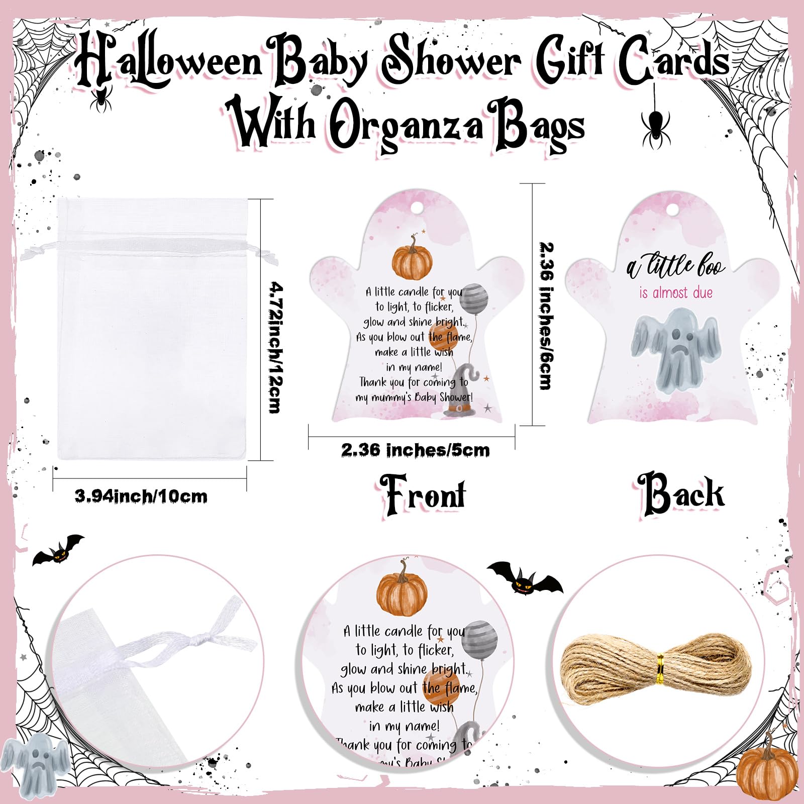 MTLEE 25 Sets Halloween Baby Shower Favors Cute Ghost Candles Unscented Ghost Candles Mini Thank You Cards Organza Bags with Twine for Halloween Baby Shower Gender Reveal Party Favors (Pink)