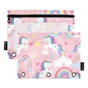 hrzdove pink rainbow cute unicorns pencil case pouch for 3 ring binder pencil pouches cases 2 set clear binder organizer small zipper pouch pencil bag for work storing office supplies college