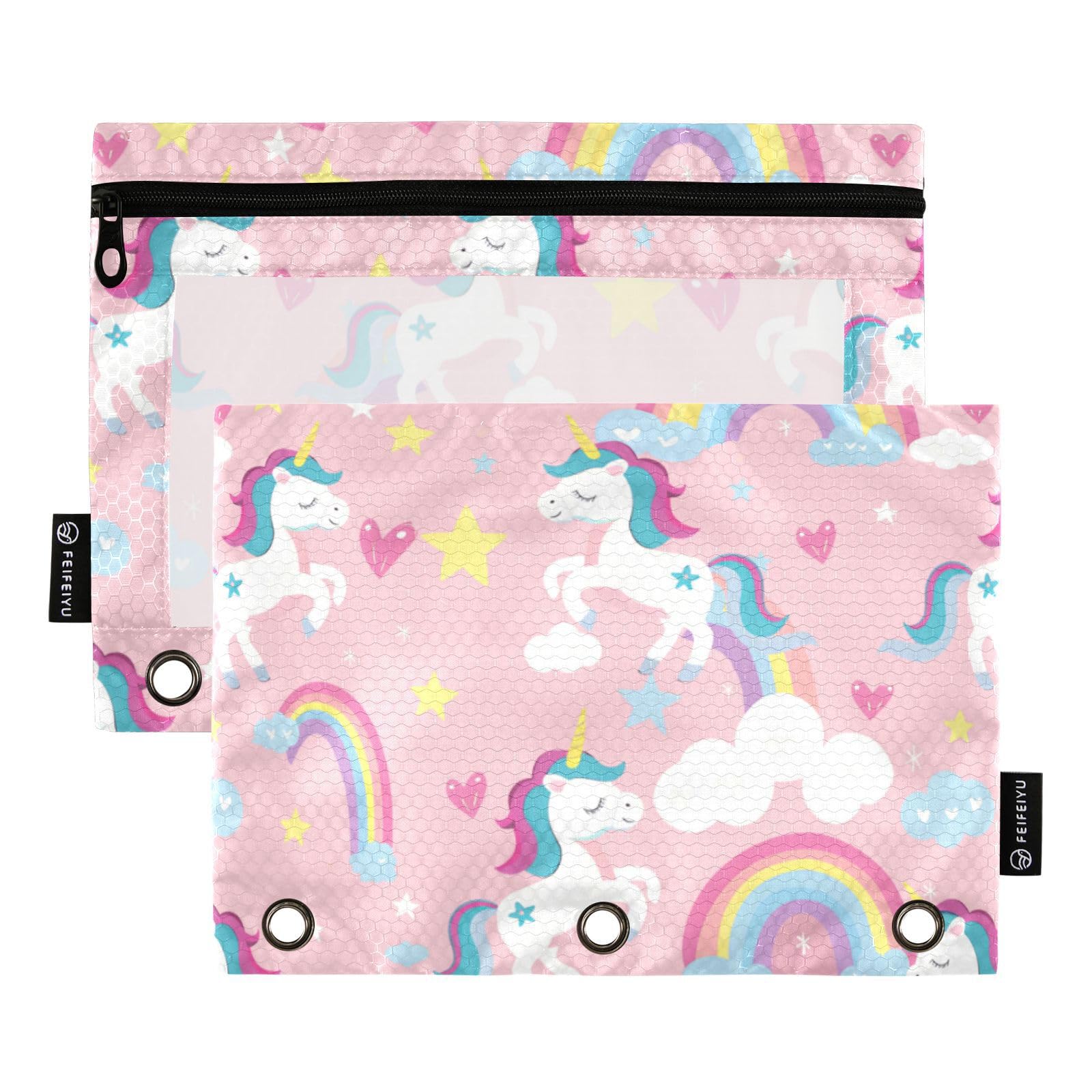 Hrzdove Pink Rainbow Cute Unicorns Pencil Case Pouch for 3 Ring Binder Pencil Pouches Cases 2 Set Clear Binder Organizer Small Zipper Pouch Pencil Bag for Work Storing Office Supplies College