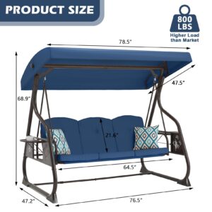 ZZW 3-Seat Patio Porch Swing 800LBS Outdoor Swing with Stand w/Canopy & Adjustable Backrest Patio Glider Chair w/Removable Pillows & Foldable Side Tray for Balcony Garden Deck (Blue)