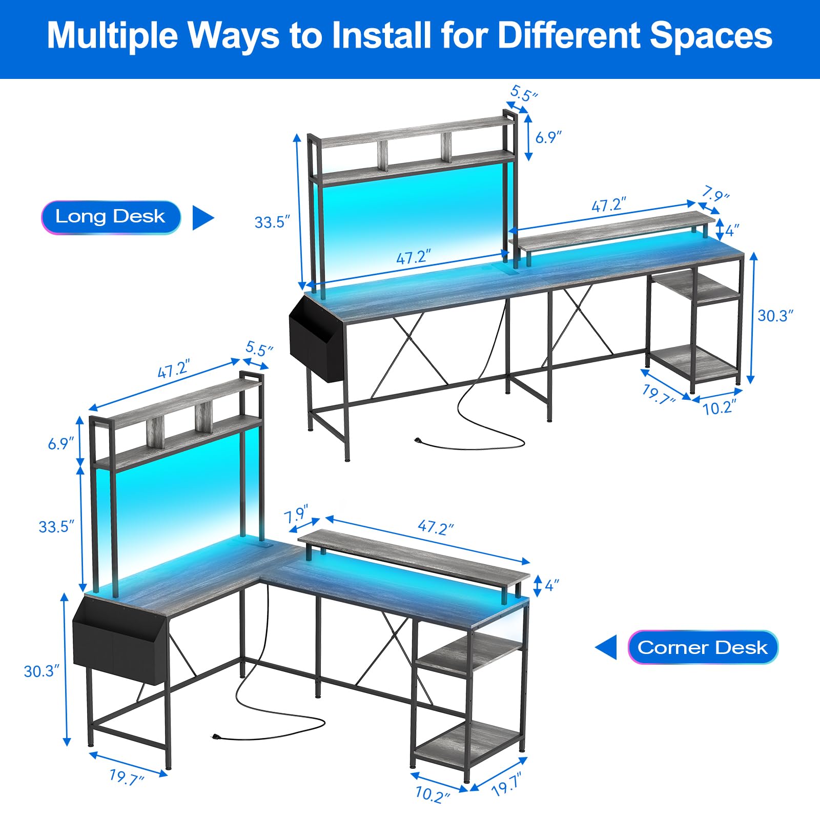 ElectraSpeedy L Shaped Gaming Desk, Reversible Corner Desk with Hutch, Power Outlets, LED Strip, Monitor Stand, Storage Shelves, and Side Storage Bag for Home Office (Grey)