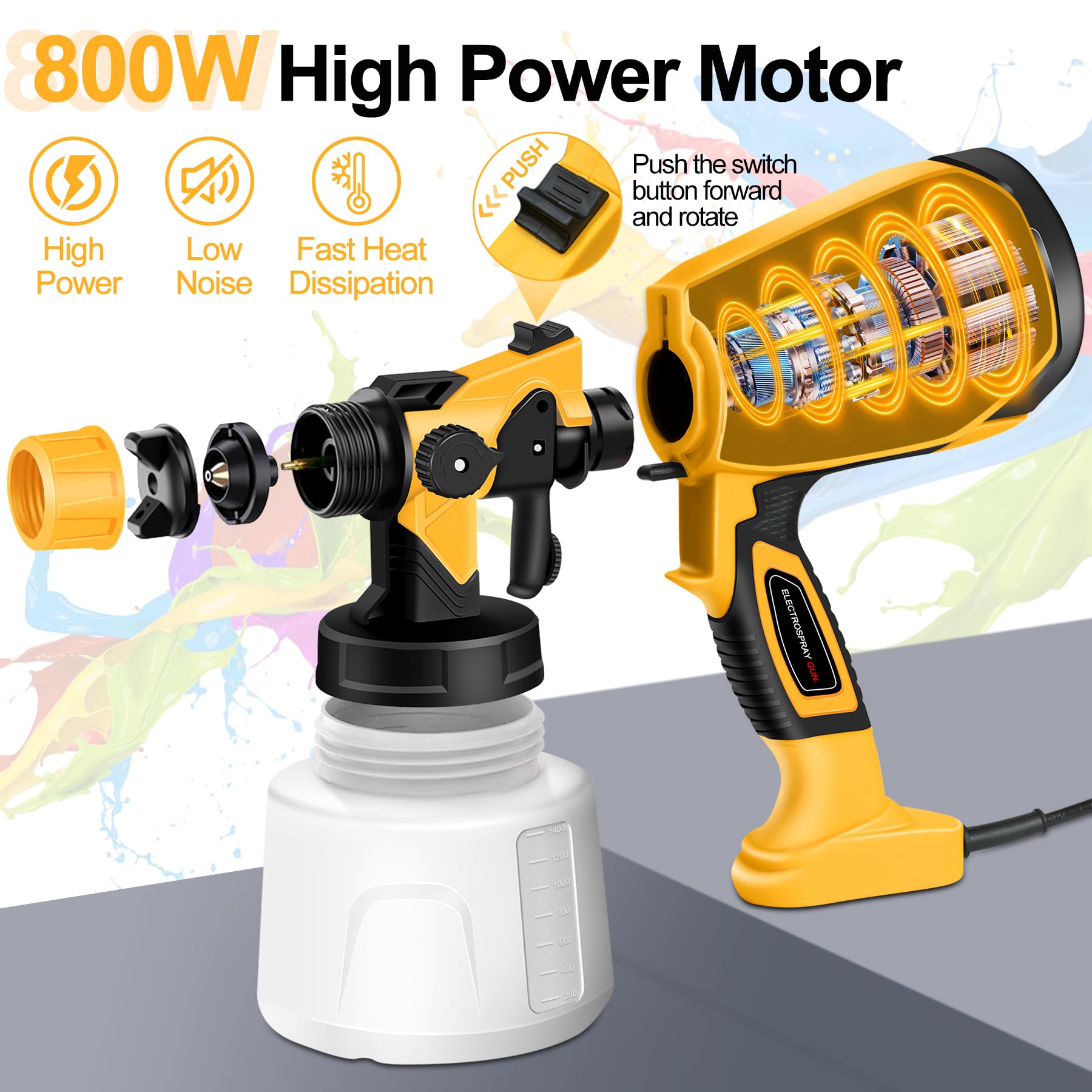 KingSom Paint Sprayer,800W HVLP High Power Electric Spray Paint Gun,1400ml High Capacity Container Spray Gun,Adjustable Spray Knob,5 Nozzles & 3 Patterns,Easy to Clean Paint Sprayer for House Painting