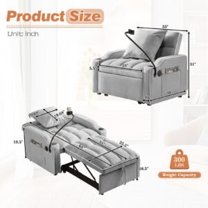 Sleeper Sofa Chair Bed with Charging Ports & Phone Holder & Cup Holder, Modern Velvet 3 in 1 Convertible Pull Out Sofa Bed, Single Chair Bed for Small Spaces Apartment, Grey