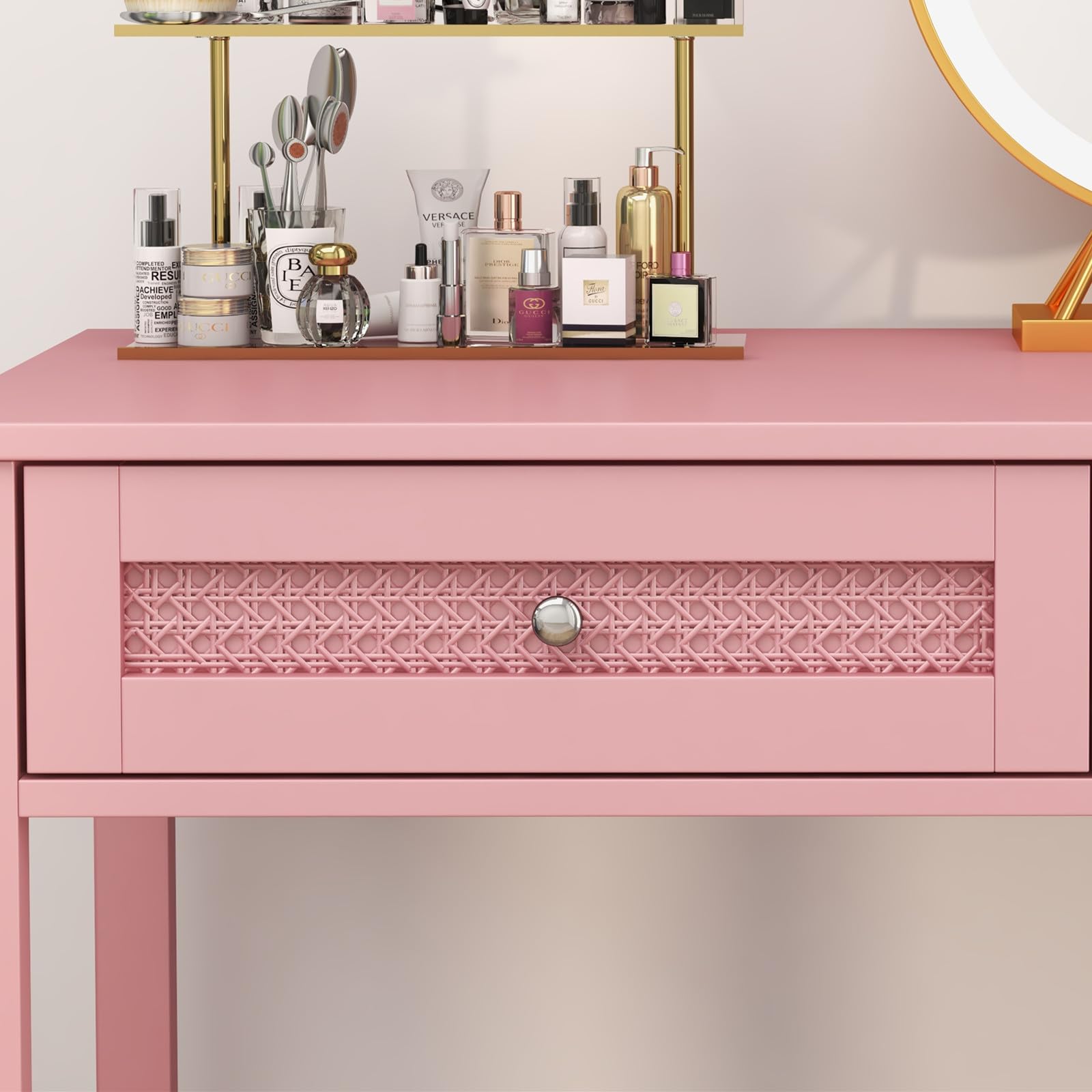 Vikiullf Pink Desk with Drawers - 39 in Study Writing Table Makeup Vanity Desks for Small Spaces, Modern Home Office Desk with 2 Rattan Drawers, (Pink, 39.5)