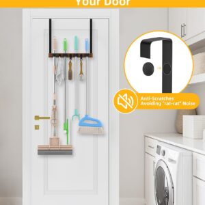 Broom Holder Over The Door - Wood Mop and Broom Holder Wall Mounted or Hanging Over The Door with Hooks - Broom Hanger, Broom Storage Tool Organizer with 4 Racks and 3 Hooks for Garage Closet Laundry