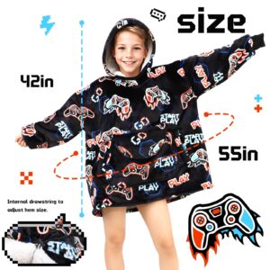 REXEO Wearable Blanket Hoodie for Kids Fleece Sweatshirt Blanket Gamer Gifts for Boys Girls Flannel Hooded Blanket with Pocket and Sleeves for Kids