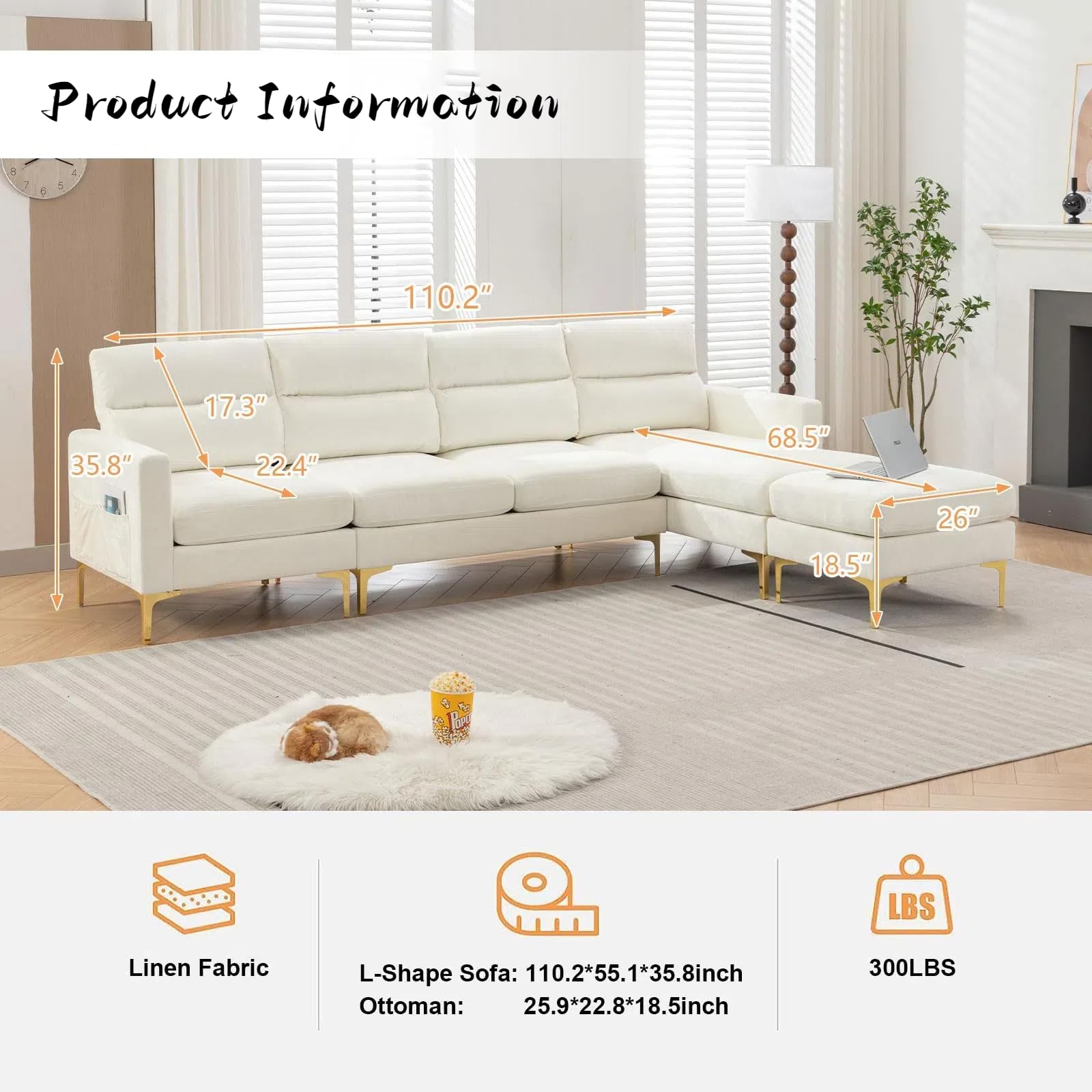 GlasFlength Sectional Couches for Living Room - U Shaped Sectional Comfy Sectional Couches, 4 Seat Sofa Sleeper with Double Chaise for Small & Large Spaces, Modern Home Sofa Set, White