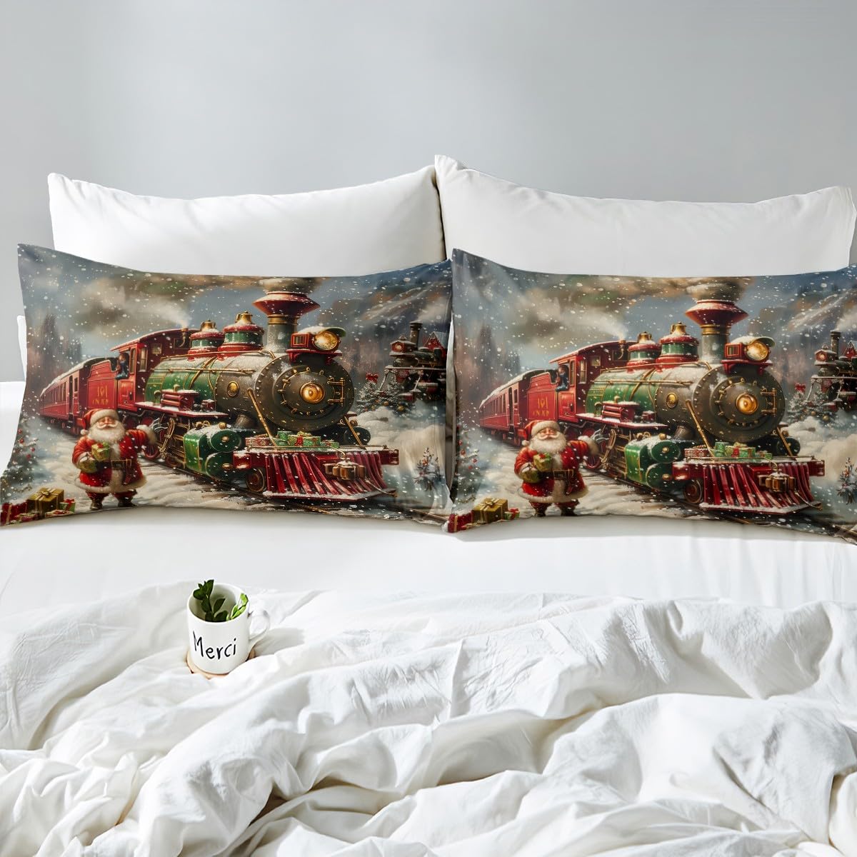 Retro Train Kids Duvet Cover Set Full Size,Snowflake Merry Christmas Santa Claus Bedding Set,Girls Boys Women Room Decor,Choochoo Steam Locomotive Country Quilt Cover,2 Pillowcases(No Comforter)