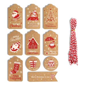 rikwog 50pcs christmas gift tags, 10 styles christmas kraft paper gift tag hang labels with cotton string for christmas gift wrap diy xmas present wedding