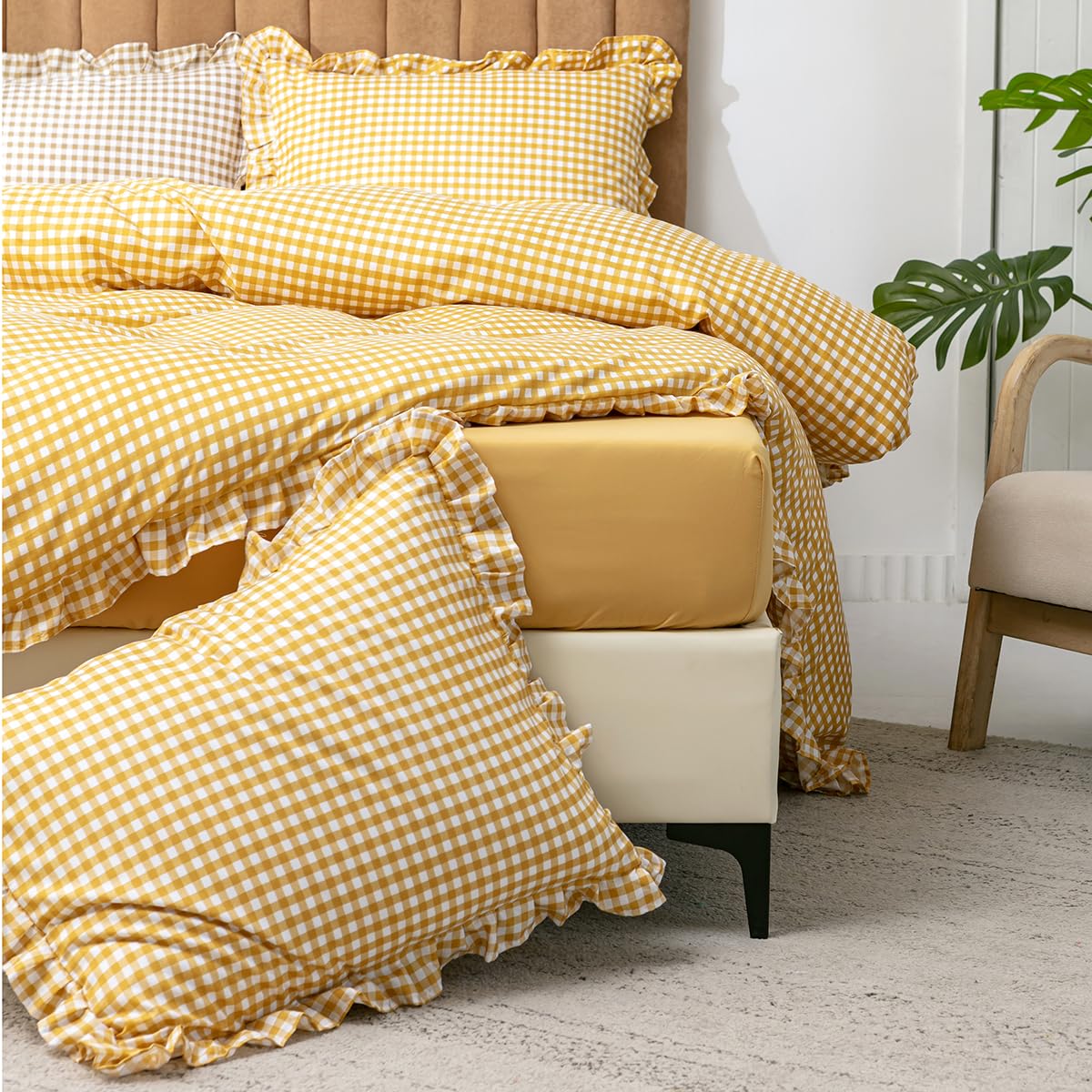 INFLAG Ruffle Duvet Cover Set Twin Size, Vintage Ruffle Plaid Bedding Set, 100% Washed Cotton Soft Breathable Quilt Cover 2 Pieces Zipper Closure Bedding (Yellow, Twin 66"x90")