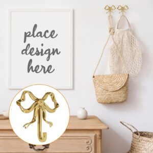 MOROBOR Brass Bow Hooks, 2PCS Home Decorative Hooks Wall Mounted Bow Hooks Modern Key Holder Gold Single Prong Coat Hanger for Home Office Nursery Room Decoration/2.6"