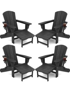 kingyes folding adjustable adirondack chair with retractable ottoman set of 4, hdpe all weather chair with cup holder - versatile adirondack chair, black