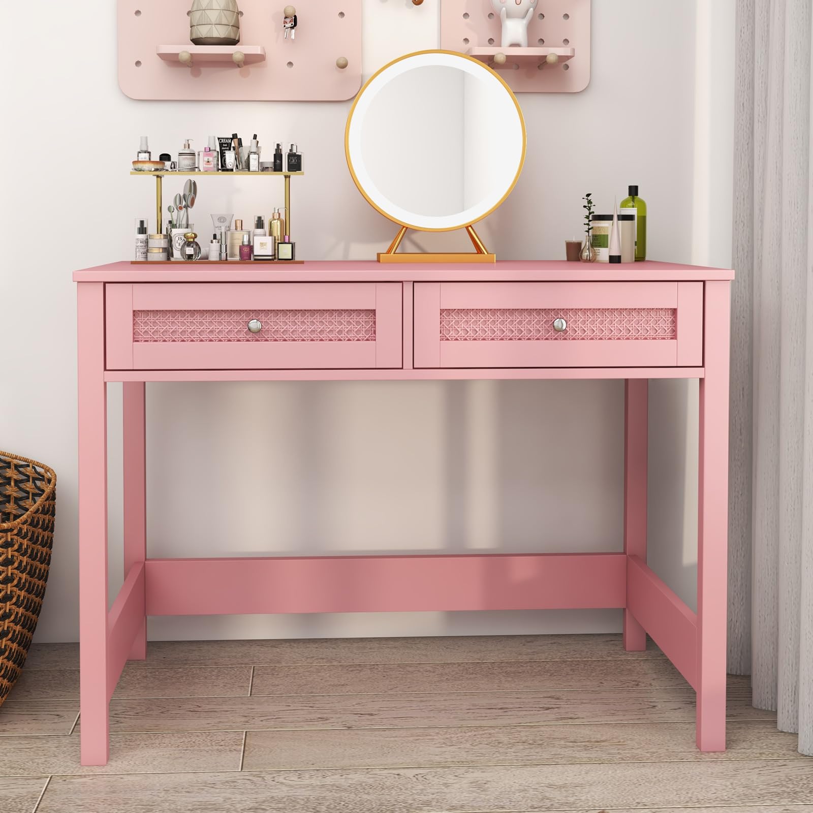 Vikiullf Pink Desk with Drawers - 39 in Study Writing Table Makeup Vanity Desks for Small Spaces, Modern Home Office Desk with 2 Rattan Drawers, (Pink, 39.5)