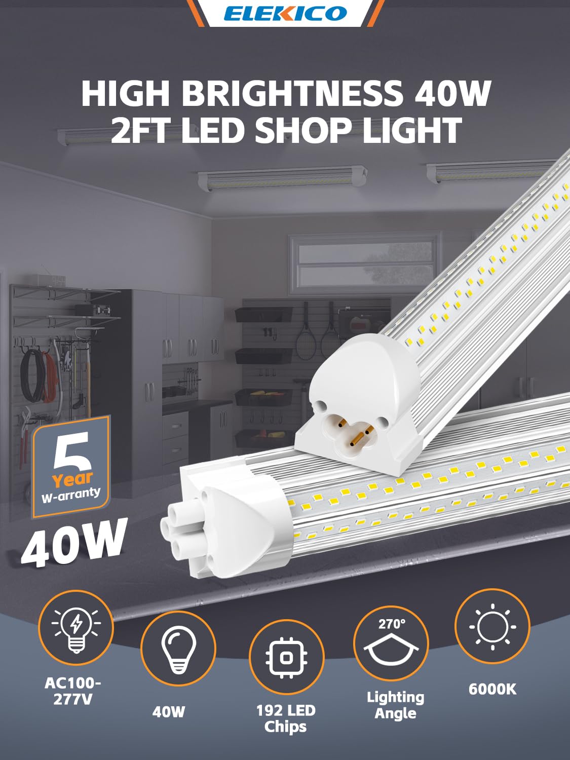 ELEKICO 4 Pack 2ft Led Shop Lights, 6000k 40w 5600lm 24 Inch Led Light Fixture Power Cord Wth on/Off Switch, Linkable 2ft Led Shop Light for Small Garage Ceiling Storage Area Workbench Basement Attic