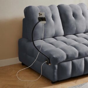 Sleeper Sofa Couch Bed with Charging Port/Phone Holder, 48-inch Modern Tufted Velvet Pull Out Loveseat Futon Sofa for Living Room Apartment, Adjustable Backrest, Grey