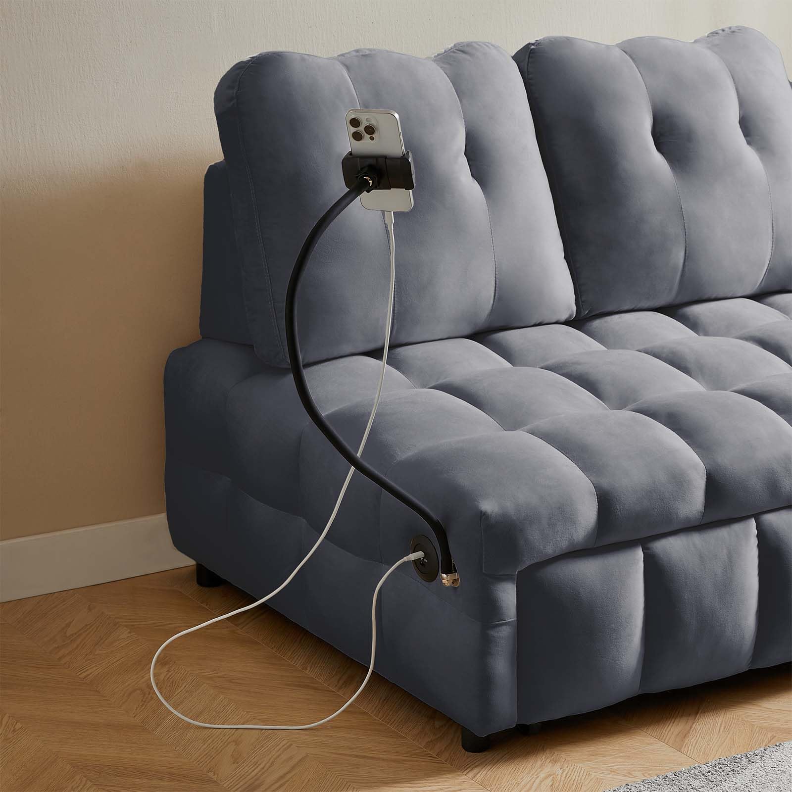 Sleeper Sofa Couch Bed with Charging Port/Phone Holder, 48-inch Modern Tufted Velvet Pull Out Loveseat Futon Sofa for Living Room Apartment, Adjustable Backrest, Grey