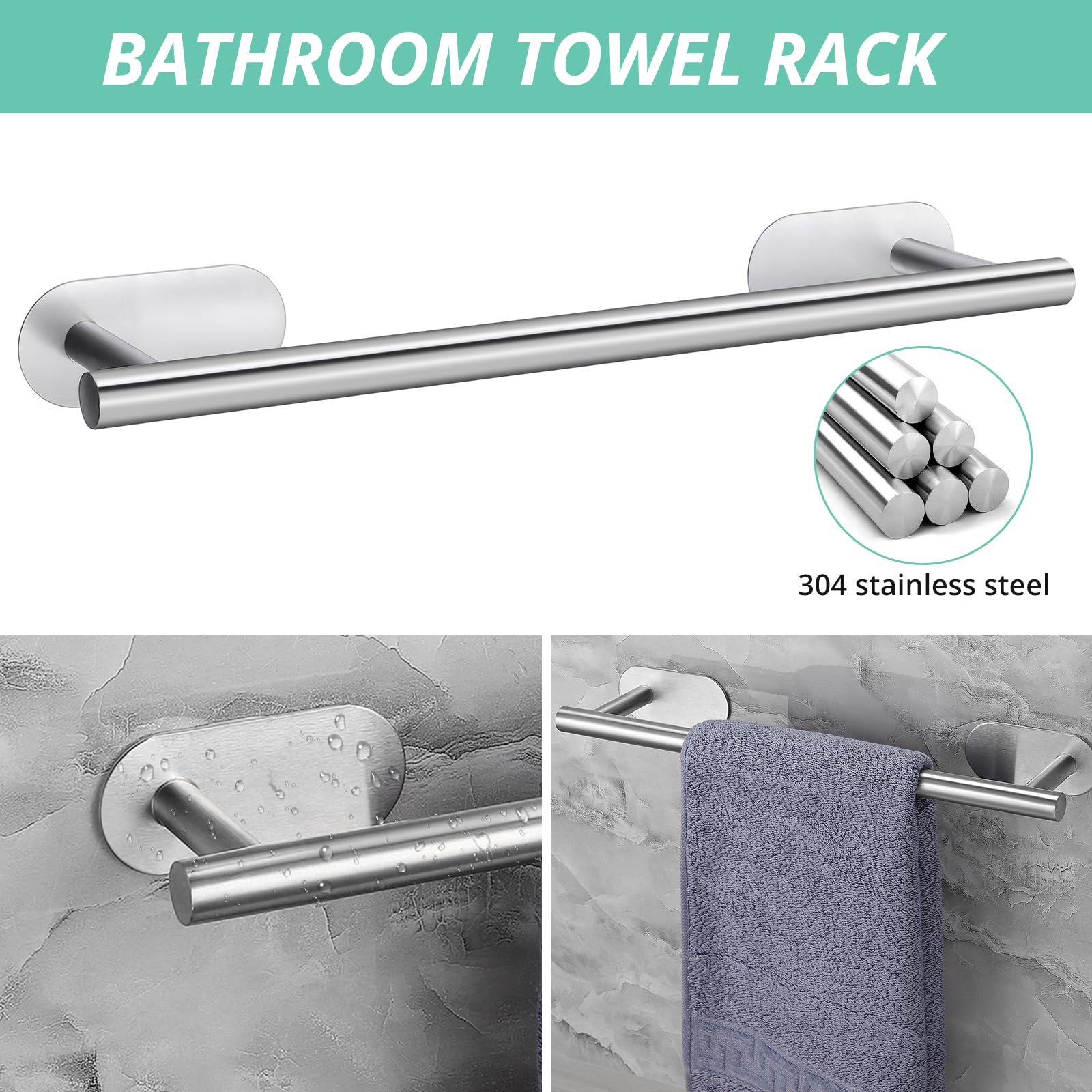 VINTEAM 5PCS Towel Rails 16 inch/40cm Stainless Steel Towel Rack Set with Paper Holder and 3 Towel Hook for Bathroom Kitchen