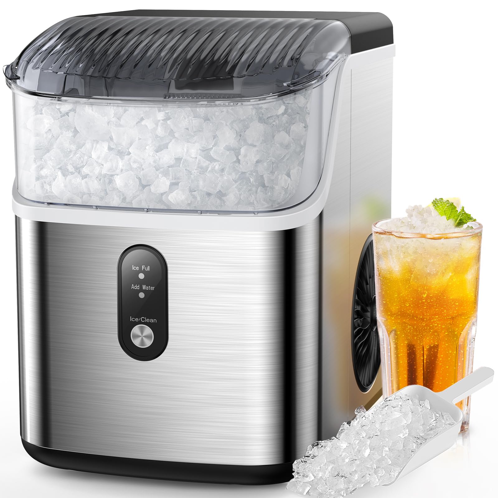 FREE VILLAGE Nugget Ice Makers Countertop, Pebble Ice Maker Machine with Soft Chewable Ice, 35lbs/24H, Self-Cleaning, One-Click Operation, Stainless Steel, Pellet Ice Maker for Home Kitchen Office