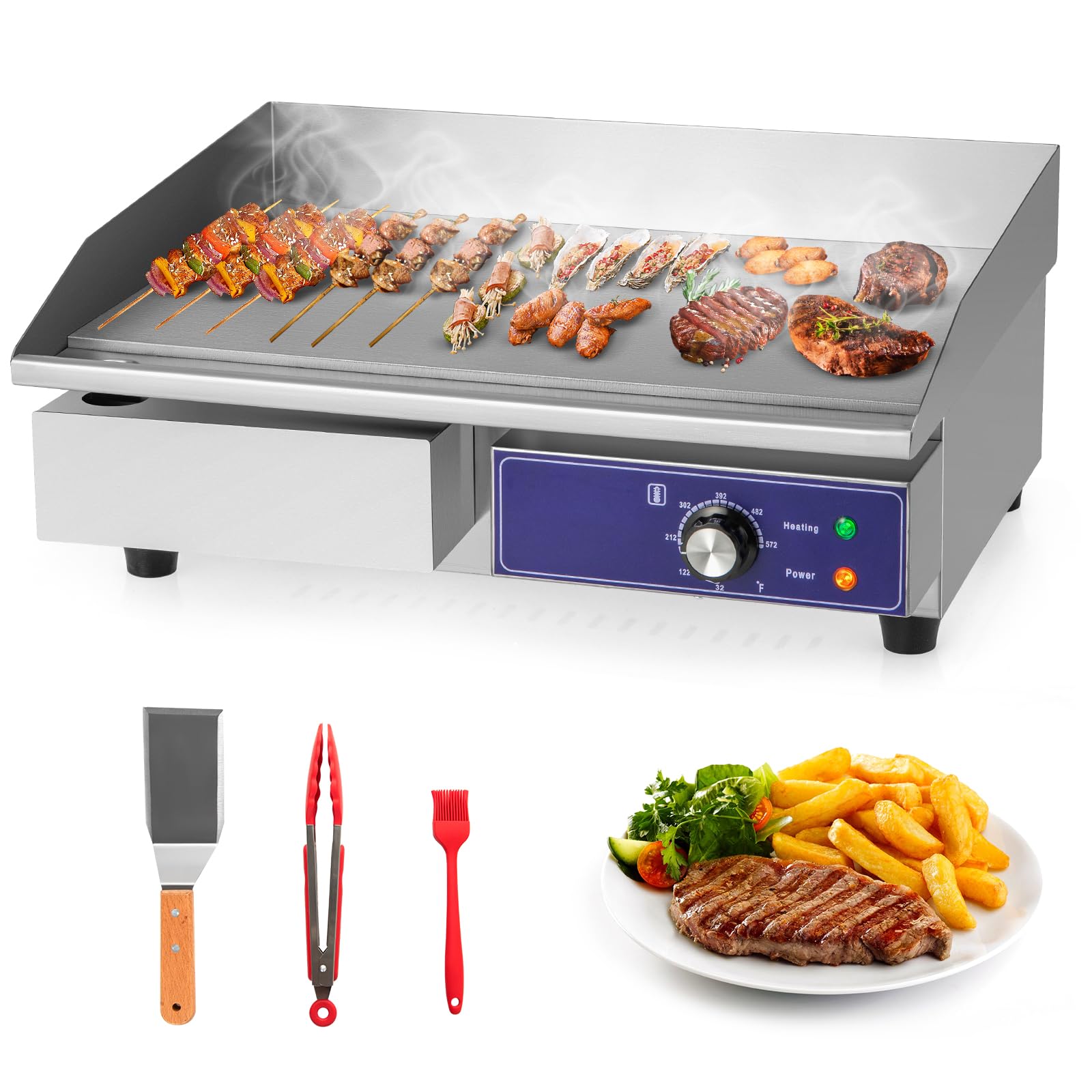 Giantex Commercial Electric Griddle 22" - 110V 2000W Countertop Griddle with Cast Iron Griddle Plate & Stainless Steel Frame, Restaurant Teppanyaki Flat Top Grill, Adjustable Temp Control 122℉-572℉