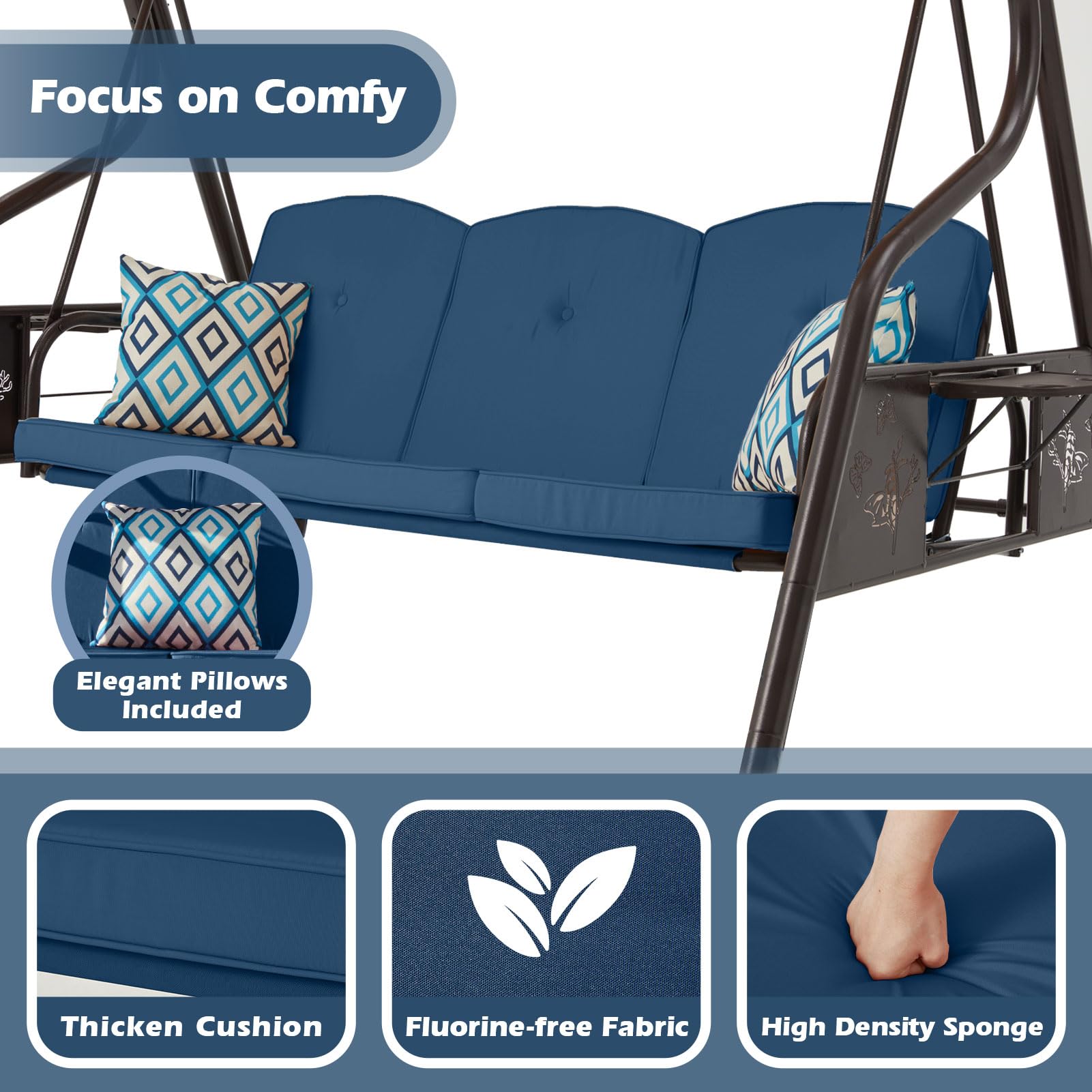 ZZW 3-Seat Patio Porch Swing 800LBS Outdoor Swing with Stand w/Canopy & Adjustable Backrest Patio Glider Chair w/Removable Pillows & Foldable Side Tray for Balcony Garden Deck (Blue)