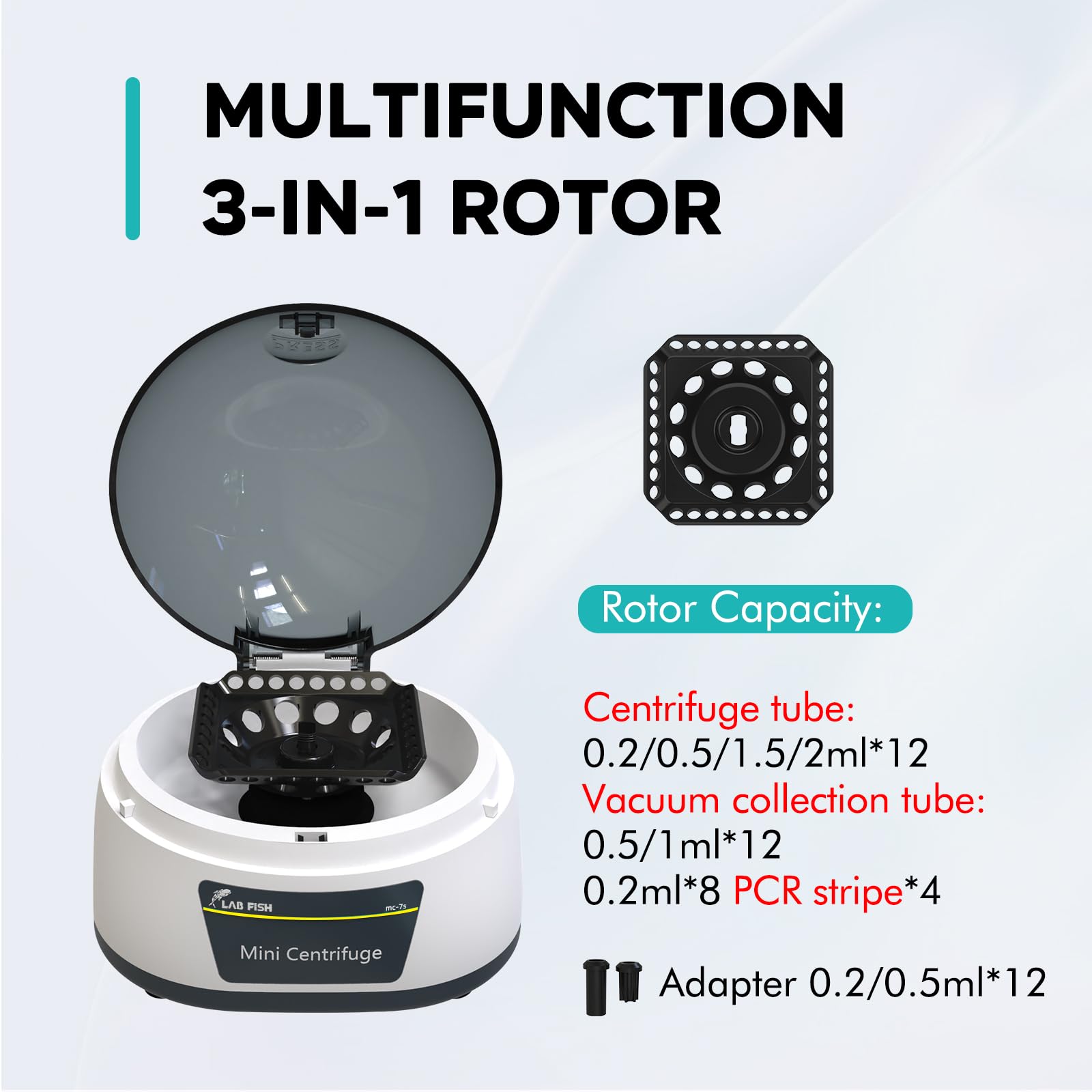 LAB FISH Mini Centrifuge Machine 7000 RPM 3286 xg RCF Microcentrifuge W/ 3-in1 Rotor 0.2ml/0.5ml/1.5ml/2ml Tubes for Laboratory