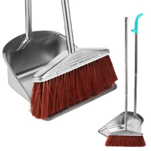 broom and dustpan set stainless steel with long handle,heavy duty dustpan broom set upright standing dust pan kitchen brooms, for sweeping kitchen room office lobby floor