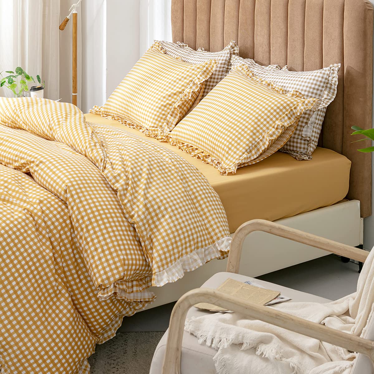 INFLAG Ruffle Duvet Cover Set Twin Size, Vintage Ruffle Plaid Bedding Set, 100% Washed Cotton Soft Breathable Quilt Cover 2 Pieces Zipper Closure Bedding (Yellow, Twin 66"x90")