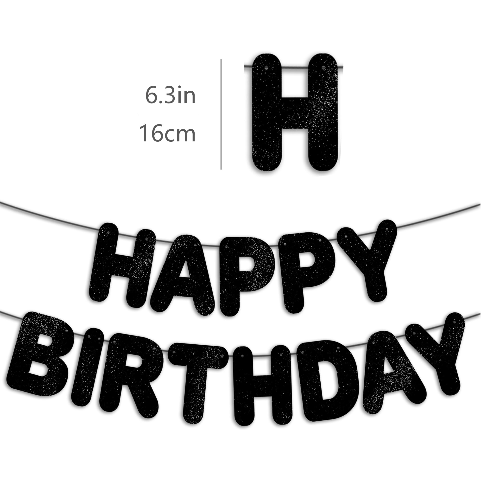 JunyRuny Pre-Strung Happy Birthday Banner Black Glitter Banner, Black Birthday Party Decorations & Decor for Women & Men & Boy & Girl, 30th 40th 50th 60th 70th 80th Happy Birthday Backdrop/Sign Birthday Gift