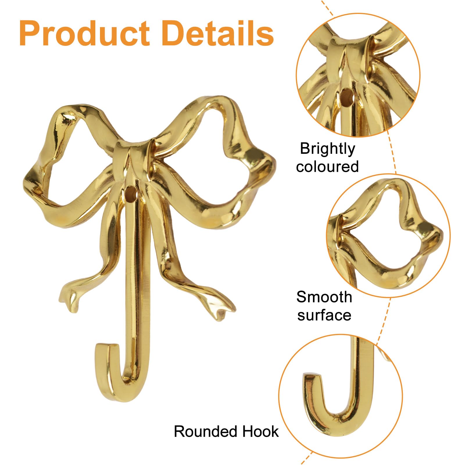 MOROBOR Brass Bow Hooks, 2PCS Home Decorative Hooks Wall Mounted Bow Hooks Modern Key Holder Gold Single Prong Coat Hanger for Home Office Nursery Room Decoration/2.6"