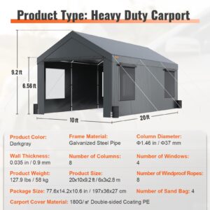 VEVOR Carport, 10x20 ft Heavy Duty Portable Garage with Roll-up Windows & Removable Sidewalls, UV Resistant Waterproof All-Season Car Canopy for SUV, Car, Truck, Boat