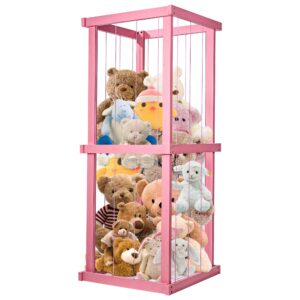 feidyns zoo stuffed animal storage wood, extra large stuffed animal toy zoo storage stuffed animal zoo storage holder standing with nets for nursery play room bedroom, pink